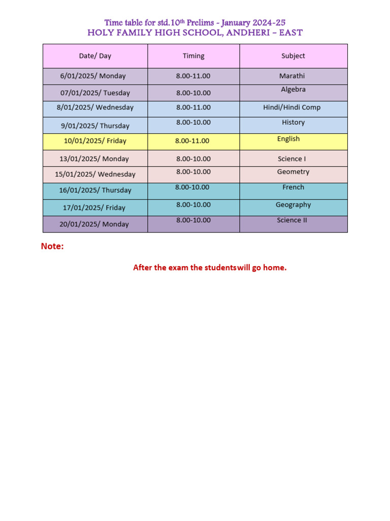 Time Table of Prelims For STD 10th 2024-25 | PDF