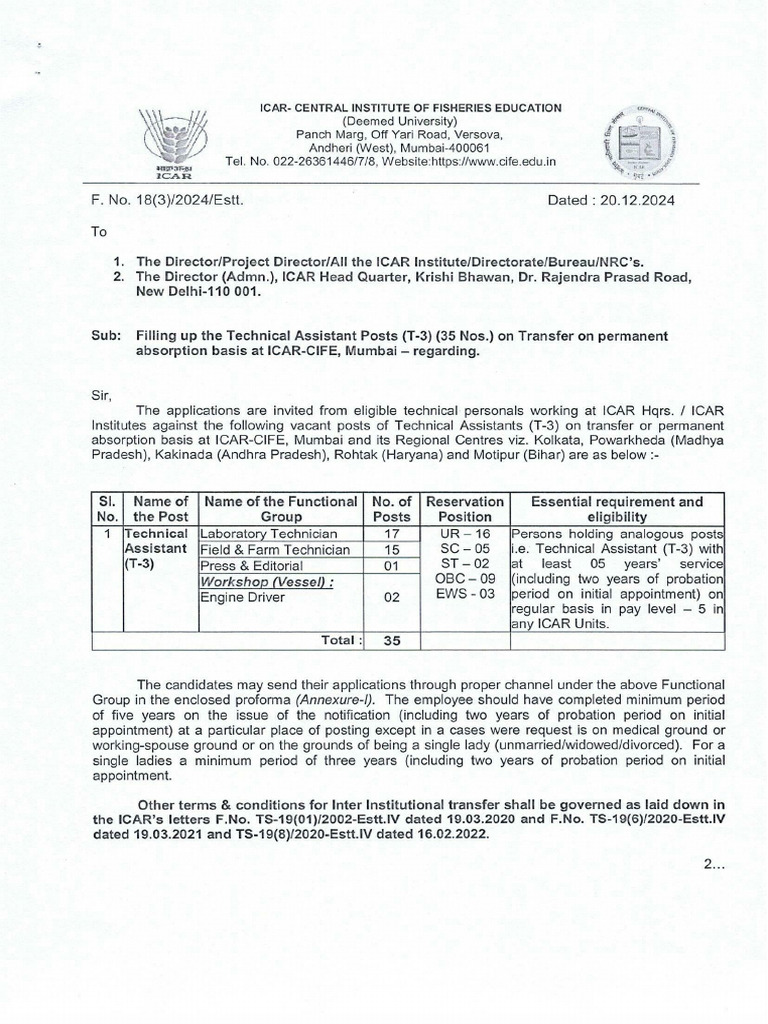 Circular Technical Assistant Post T 3 24 12 2024 | PDF