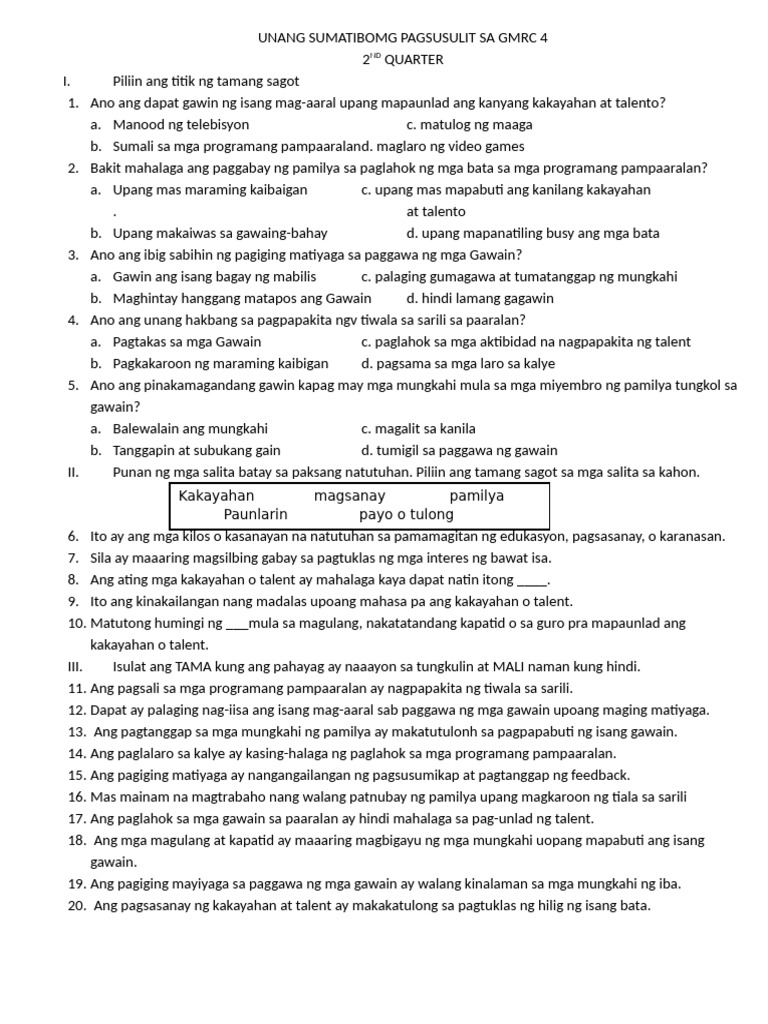 Unang Sumatibomg Pagsusulit Sa GMRC 4 | PDF