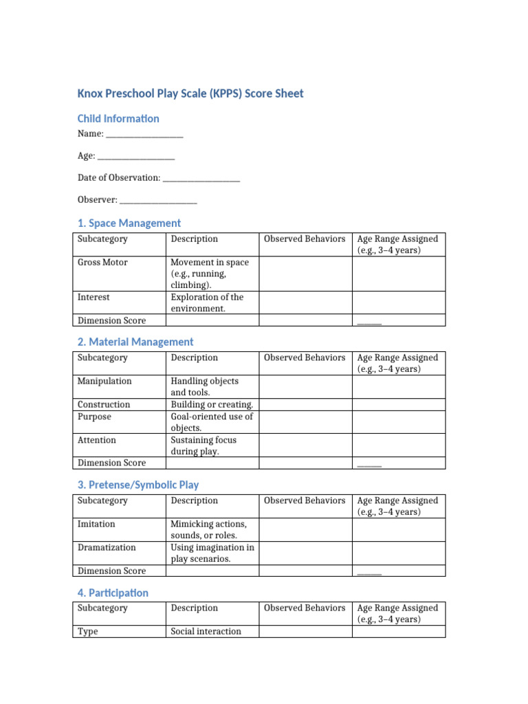 Knox Preschool Play Scale Score Sheet | PDF | Imitation | Social Psychology