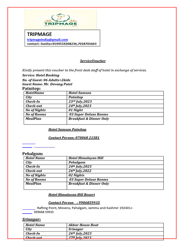 Dear Devang Sir (Kashmir Hotel Vouchers) | PDF | Hospitality Industry | Hotel