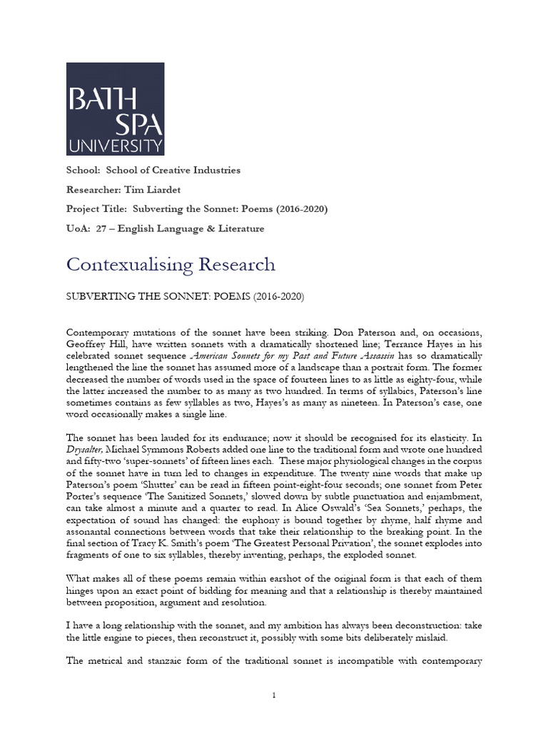 Tim Liardet - Subverting The Sonnet - Contextualising Research | PDF ...