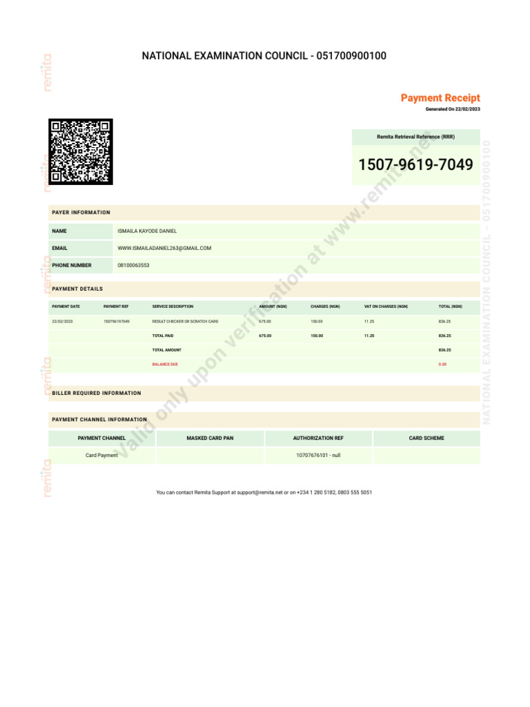My Neco Result Checker Receipt | PDF | Banking Technology | Payments