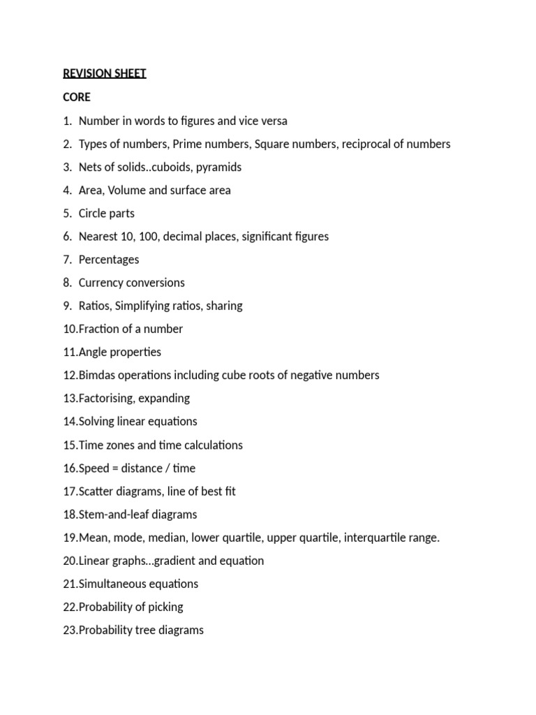 Revision Sheet - Core | PDF