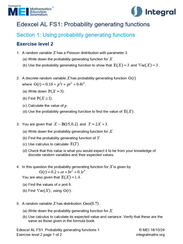 Further Stats - PGFs Exercise Level 2 | PDF