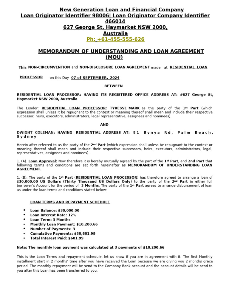 Letter of Memorandum of Understanding (Mou) Dwight Coleman | PDF ...