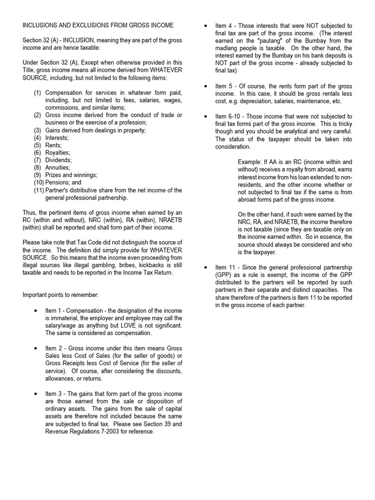 Inclusions and Exclusions From Gross Income | PDF | Gross Income | Income