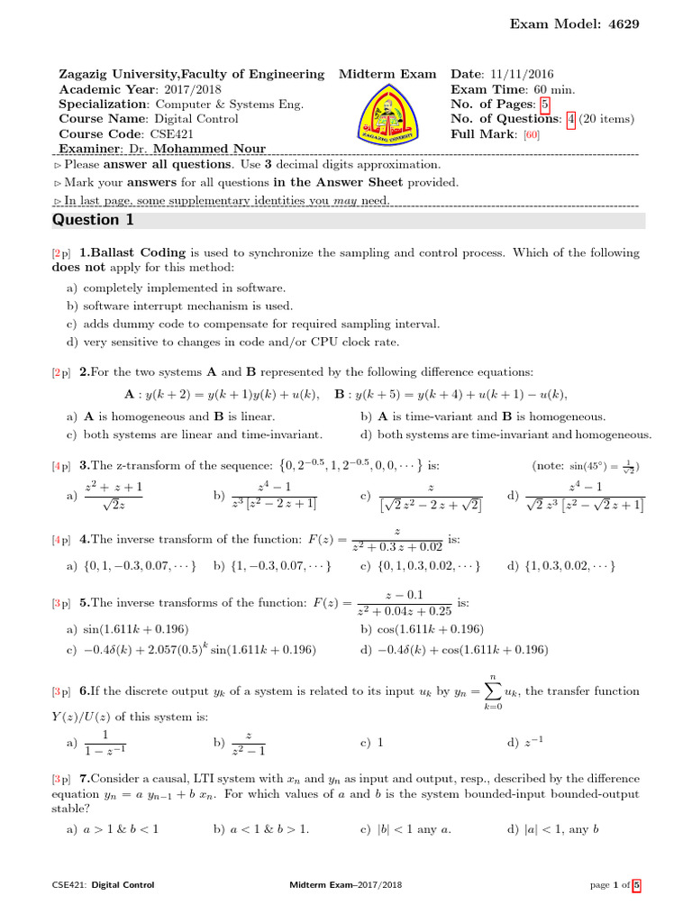 CSE421 Digital Control Midterm Exam 2017 | PDF | Mathematical Objects | Control Theory