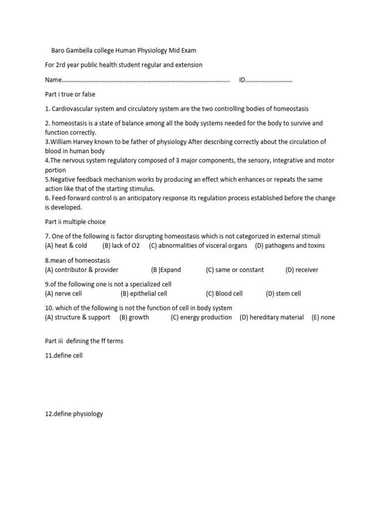Baro Gambella College Human Physiology Mid Exam | PDF