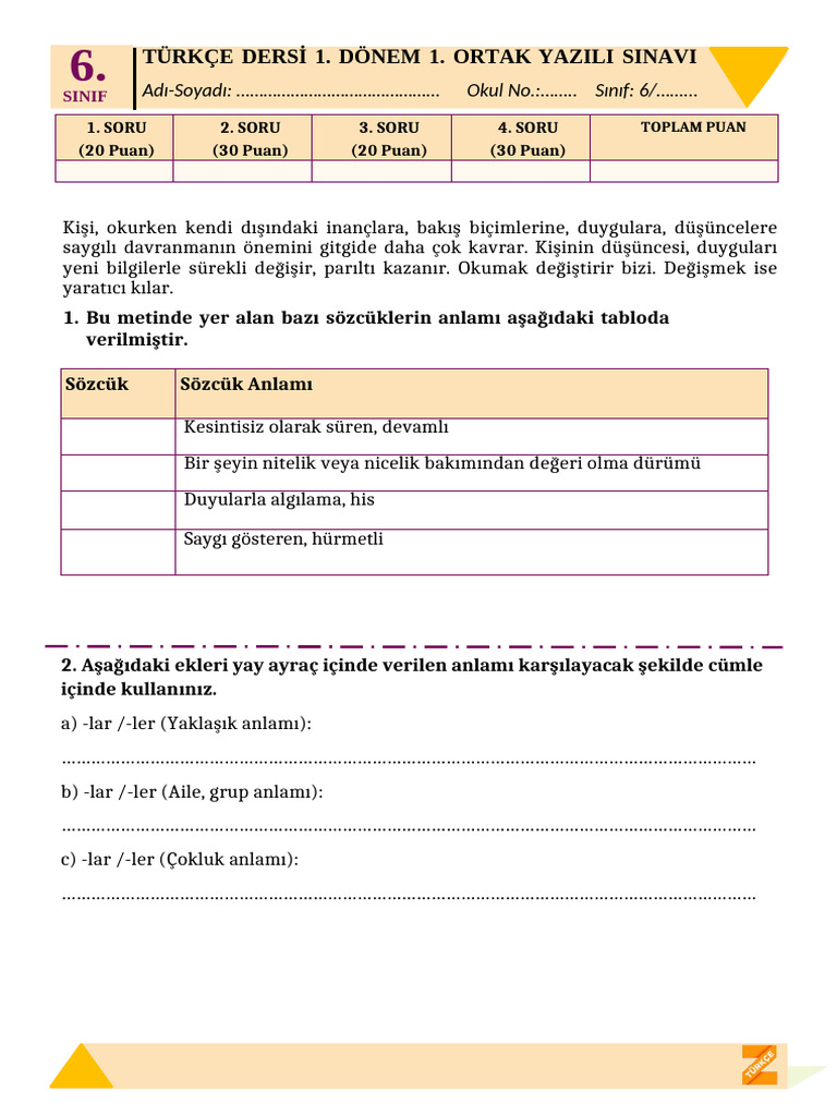 6.SINIF-1.-DONEM-2.YAZILI-Z-TURKCE-YILDIRIM-SENARYO-1 (5) | PDF