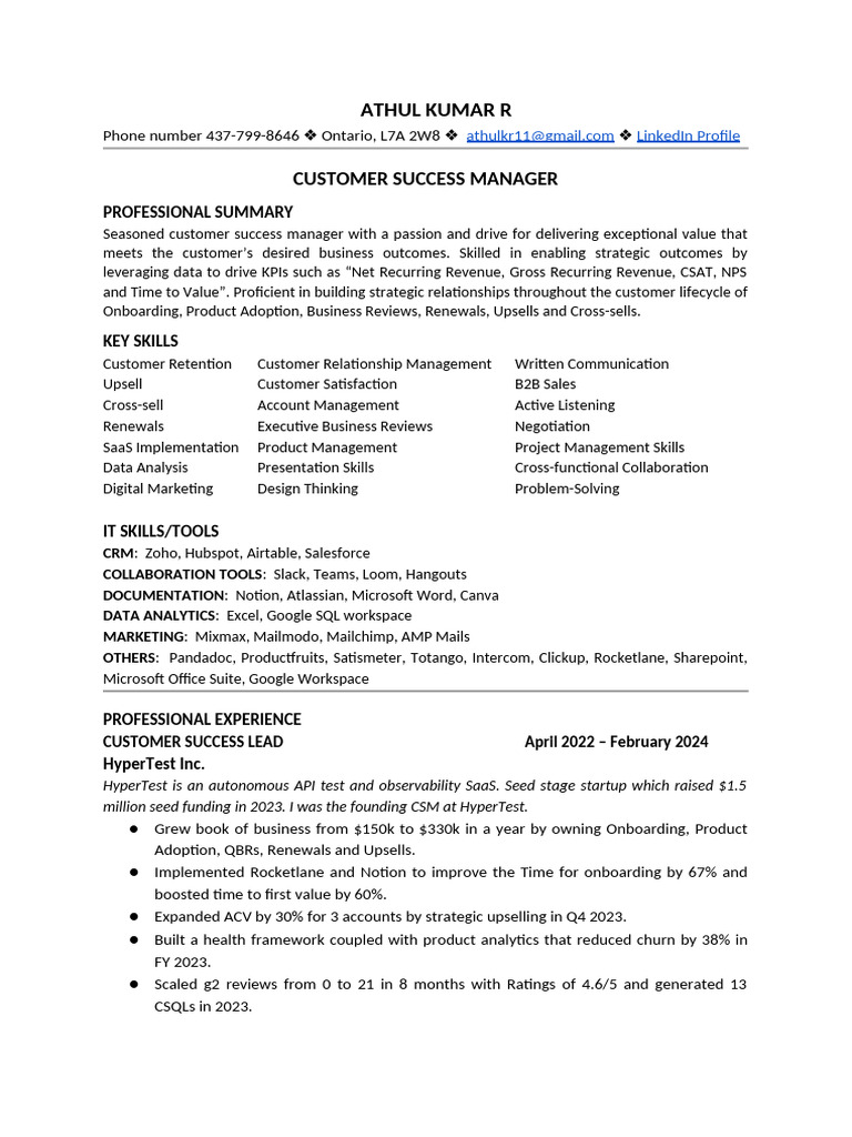 Customer Success Manager Resume | PDF | Customer Relationship ...