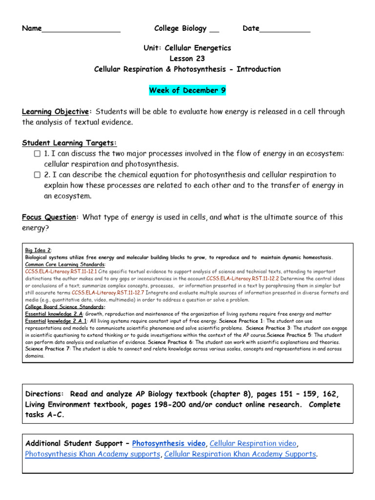 Oliver Benn - Lesson 23 (College Bio) Intro to Cellular Resp. & Photo ...