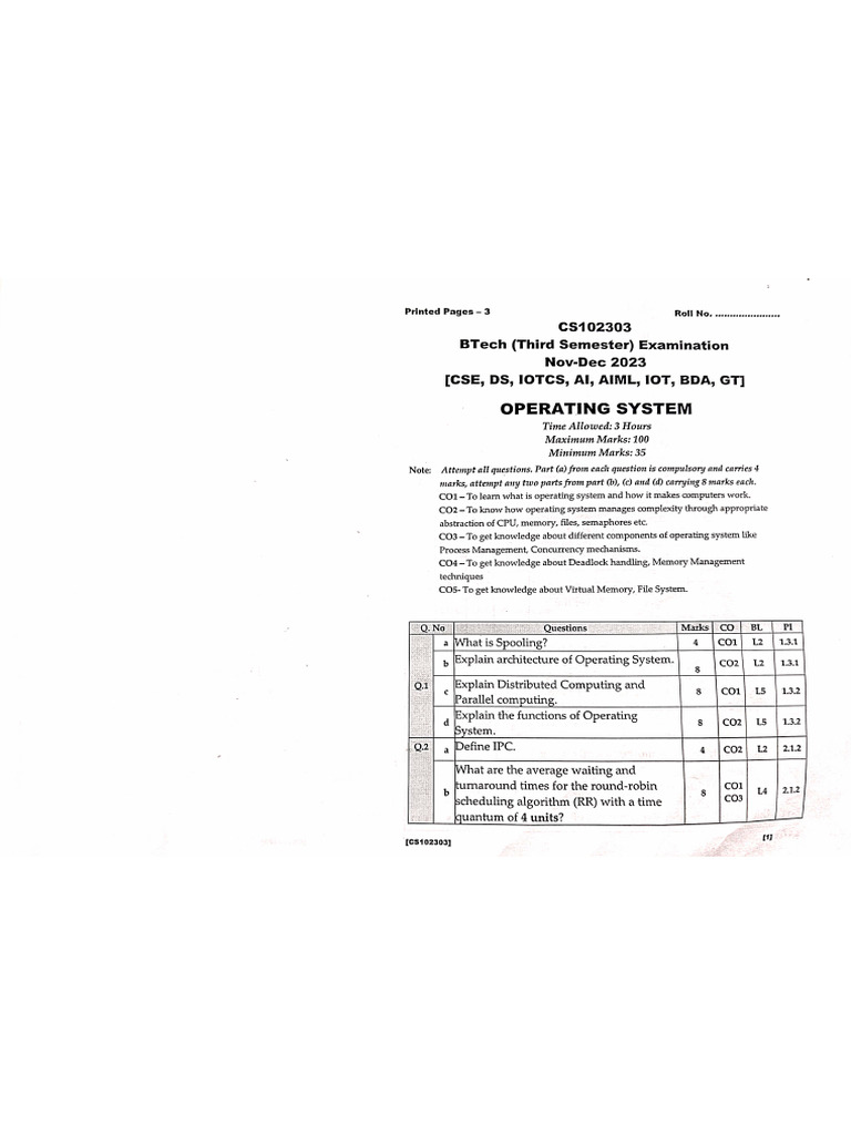 OS Question Papers | PDF