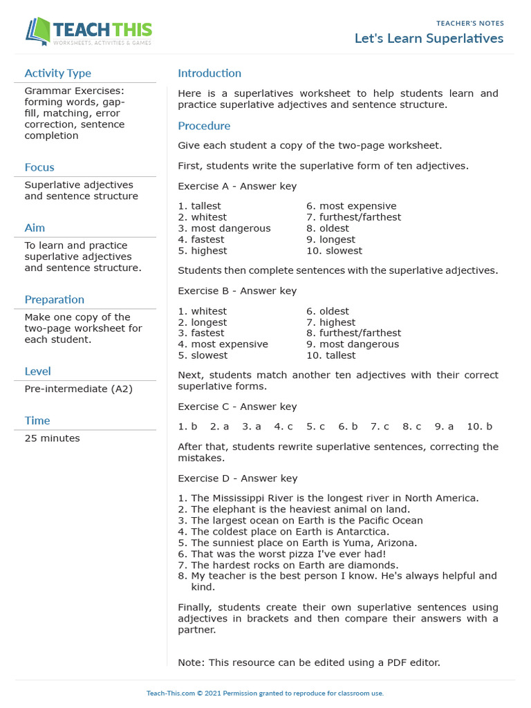 Superlatives Worksheet for Students | PDF