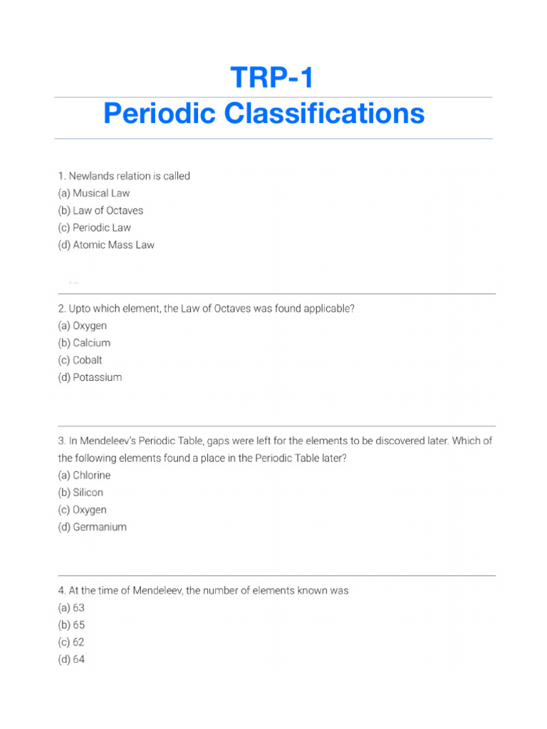 Trp-1, Periodic Classifications, ch-5, 10th | PDF