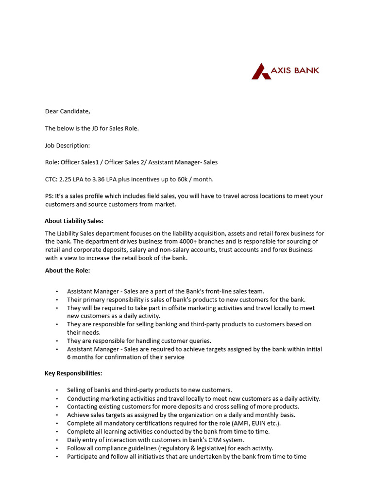 Axis Bank Sales Officer Job Description | PDF | Banks | Business Economics
