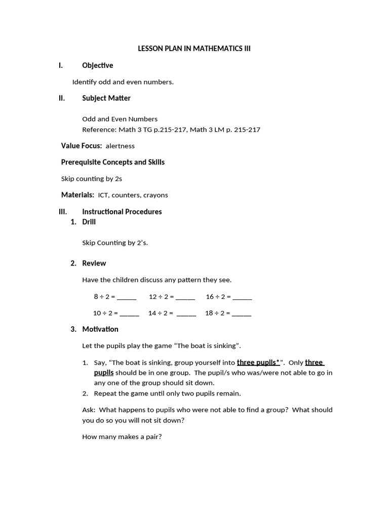 Odd and Even Numbers Lesson Plan | PDF | Cognition | Learning
