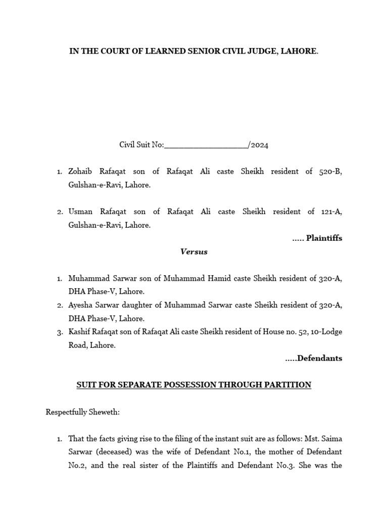 Suit For Partition of Property | PDF | Lawsuit | Paragraph