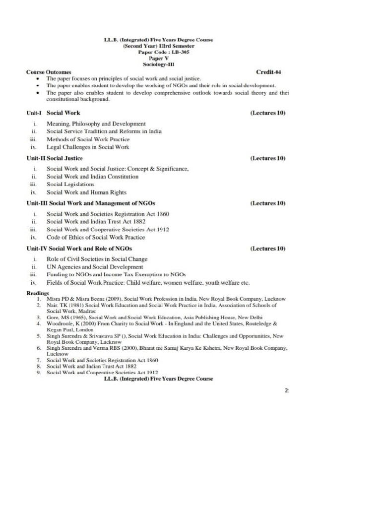 LLB 5 Year Sociology Iii Long Notes | PDF | Social Work | Mental Health
