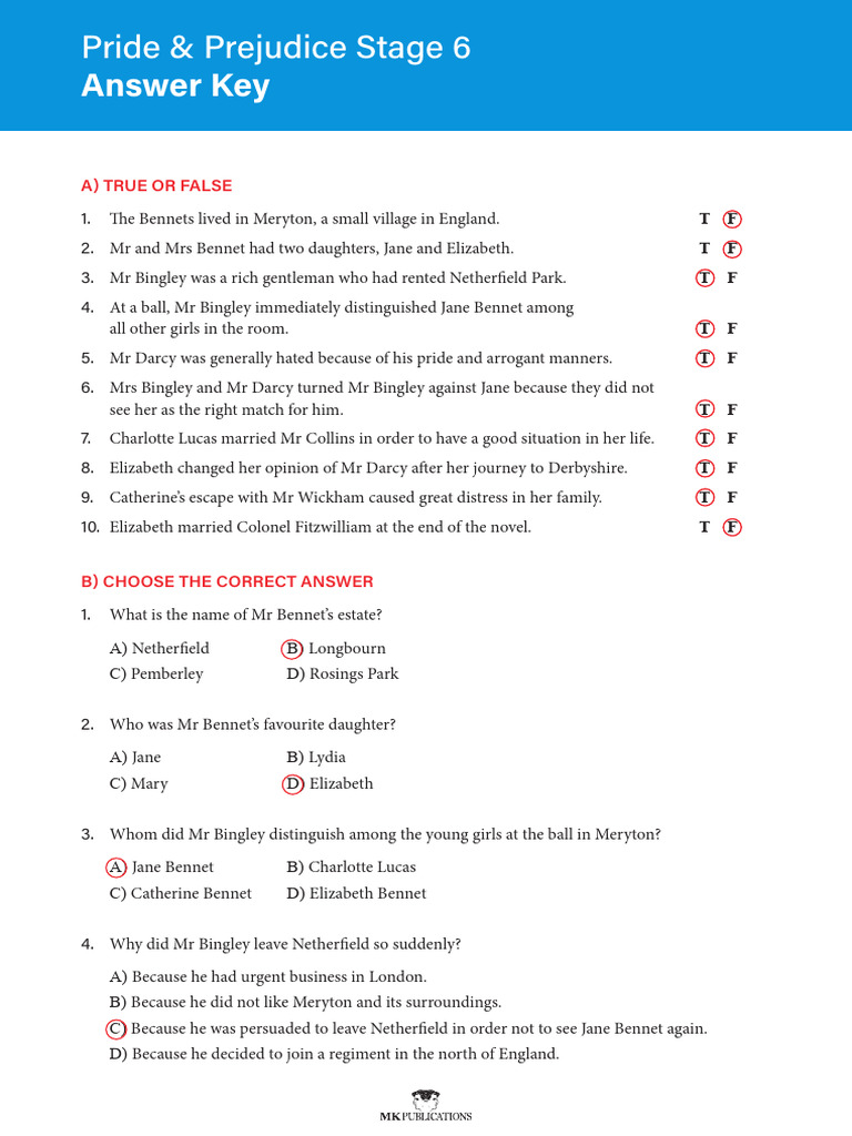 Pride & Prejudice Stage 6 - Answer Key | PDF | Pride And Prejudice | Mr ...
