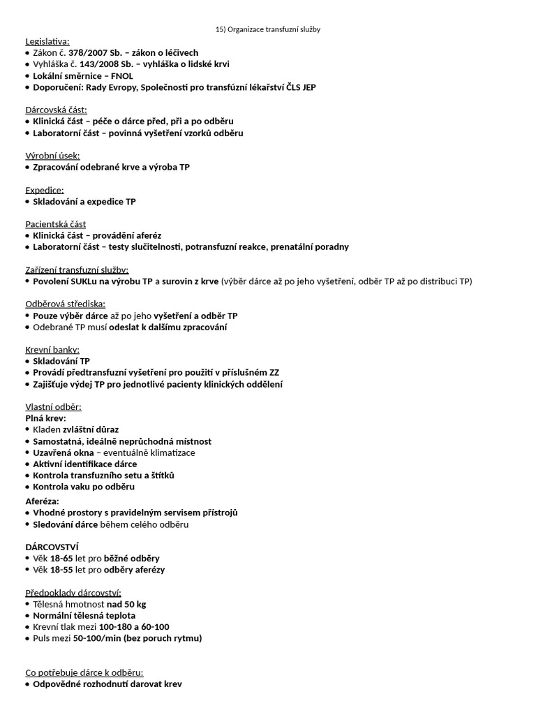 Otazka 15. - Organizace Transfuzni Sluzby Imunitni Reakce Krevni A Tkanovy Parazite | PDF
