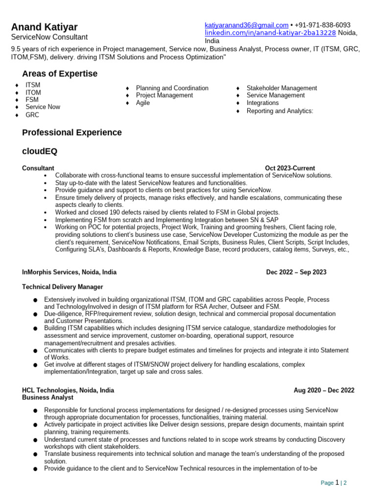 ServiceNow Consultant Resume Overview | PDF | It Service Management ...