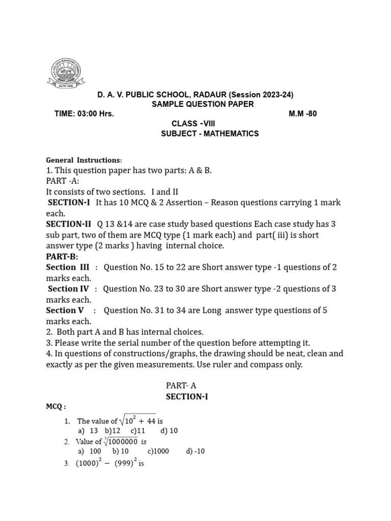 Sample Question Paper 2023-2024 | PDF | Prices | Multiple Choice