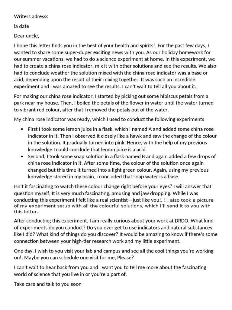 Letter To Uncle in Drdo For Science and English Project | PDF