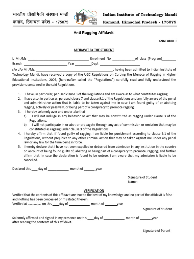 Anti Ragging Undertaking Forms | PDF | Affidavit | Common Law