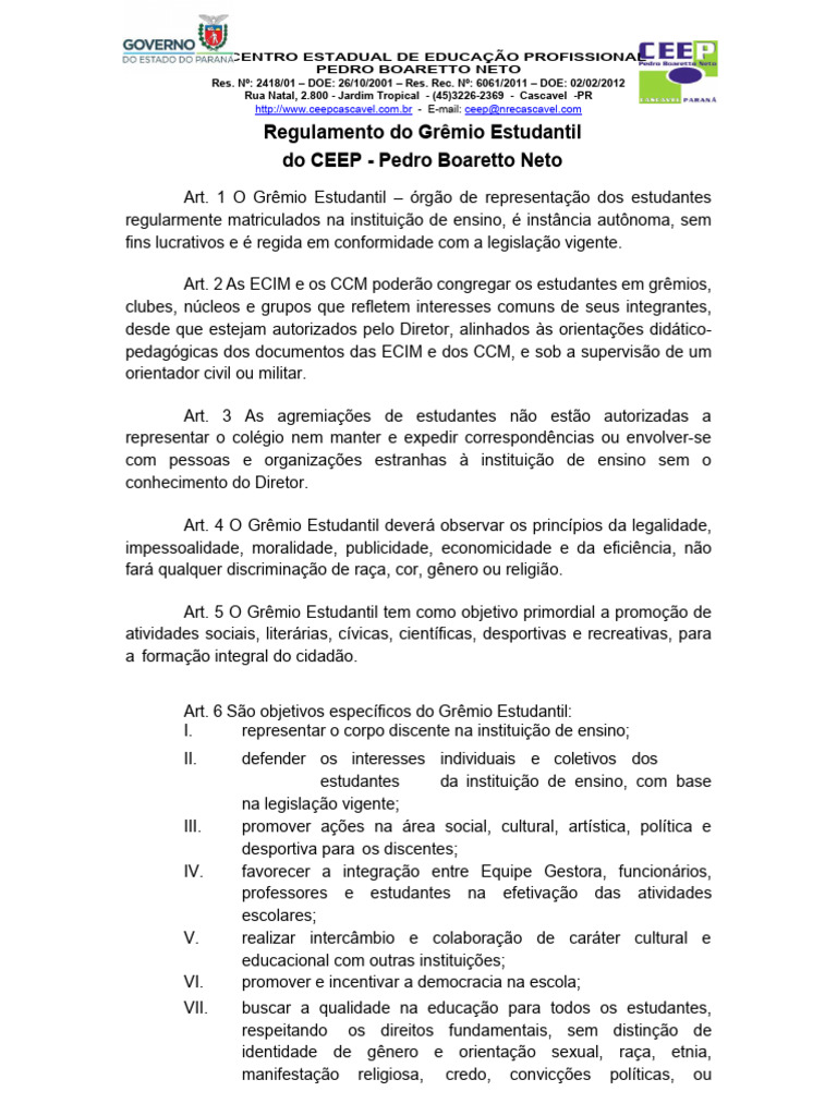 Regulamento Regimento Escolar Subseção III - Do Grêmio Estudantil ...