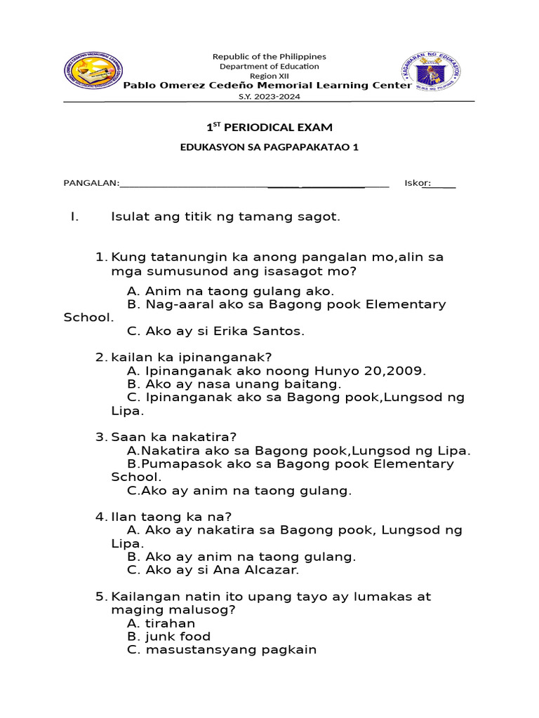 1st Periodical Exam AP | PDF