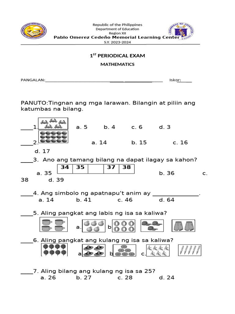 Math 1 q1 Periodical Test | PDF