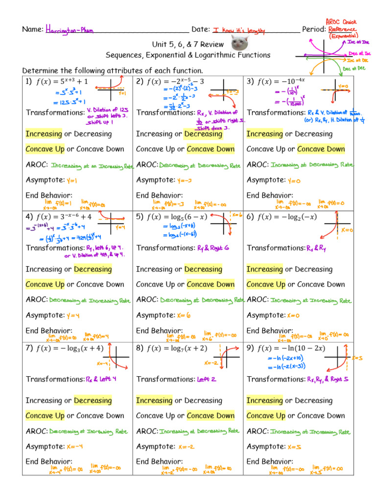 Unit 5, 6, & 7 Review Key | PDF | Logarithm | Regression Analysis