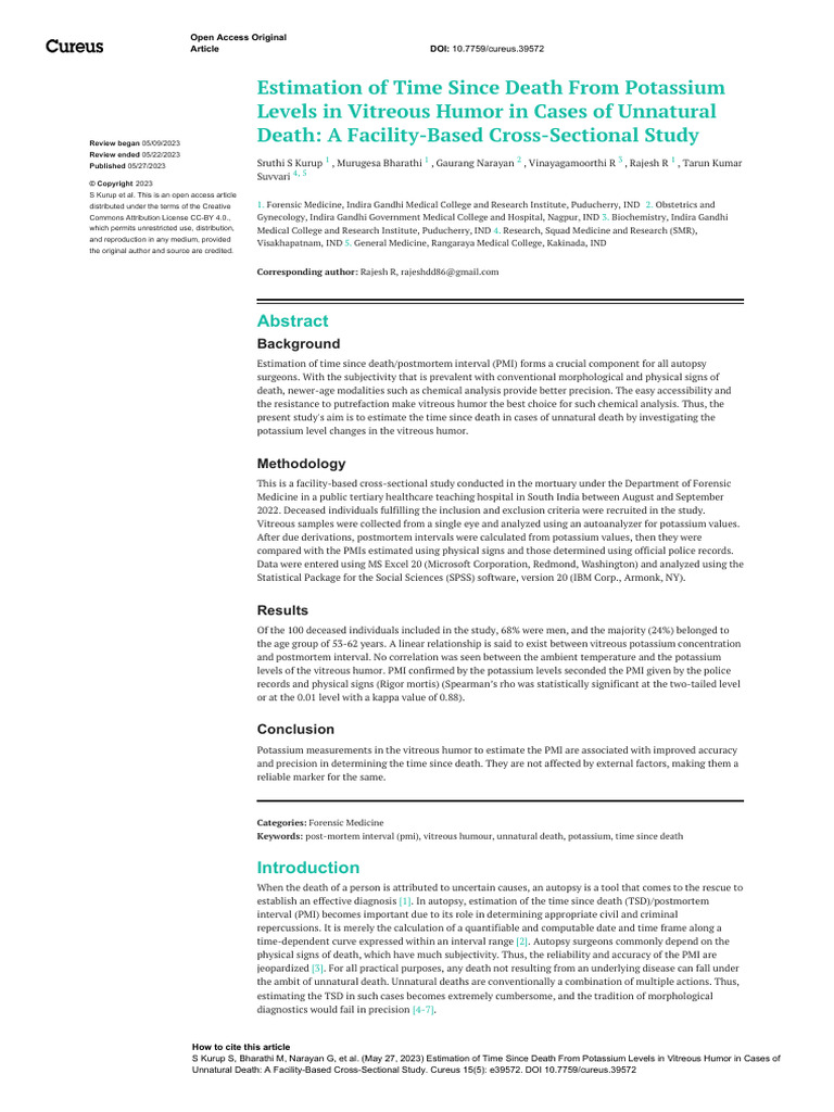 Estimation of Time Since Death From Potassium Levels in 1odz33b3 | PDF ...