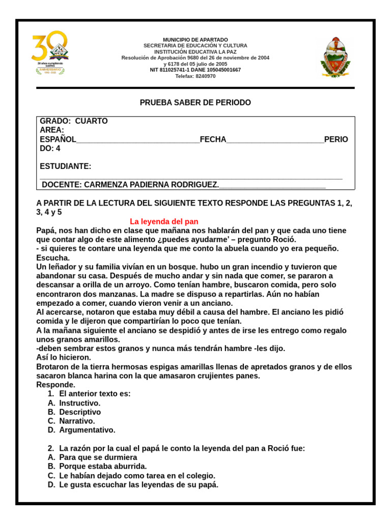 Prueba Saber Español Grado Cuarto | PDF