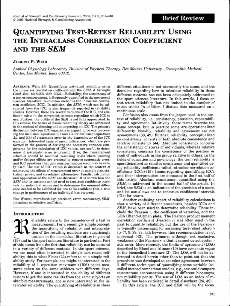 2005_WEIR_Quantifying test retest reliability using the icc and the sem ... 2005_WEIR_Quantifying test retest reliability using the icc and the sem ...