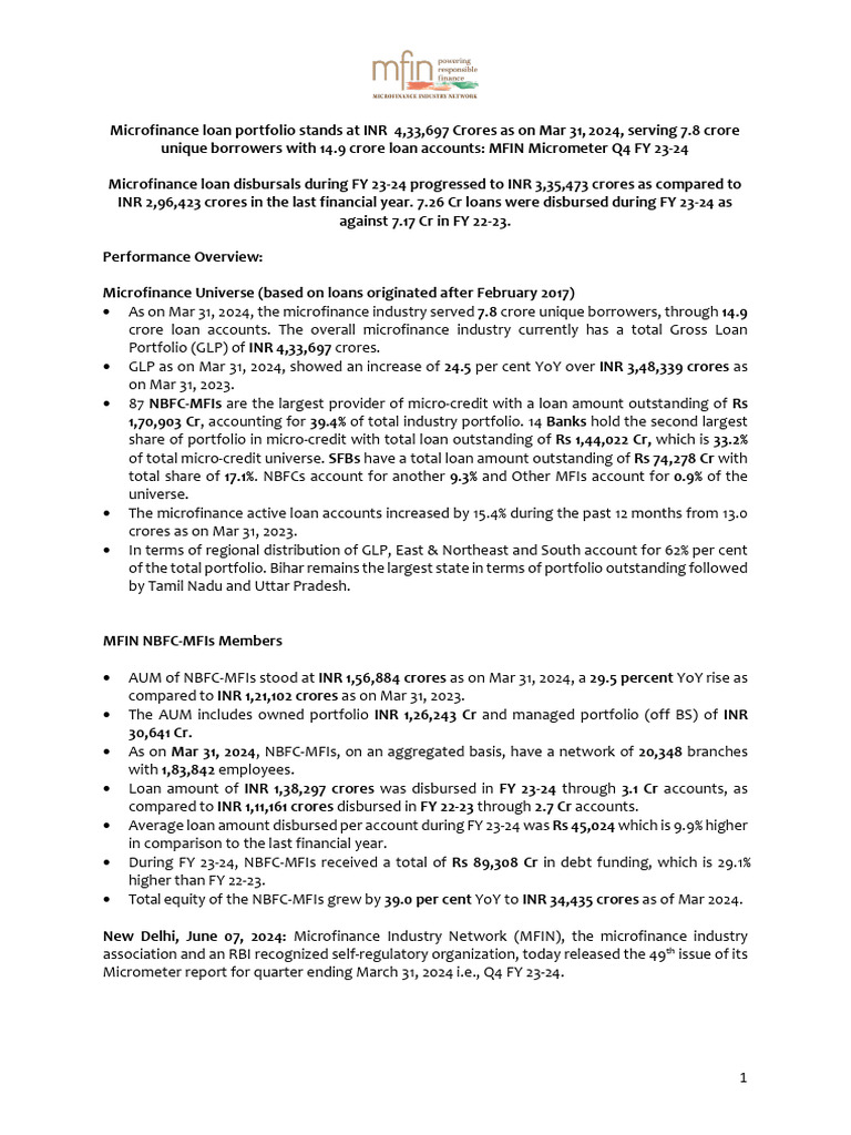 Micrometer Q4 FY 23-24 Press Release | PDF | Microfinance | Banking