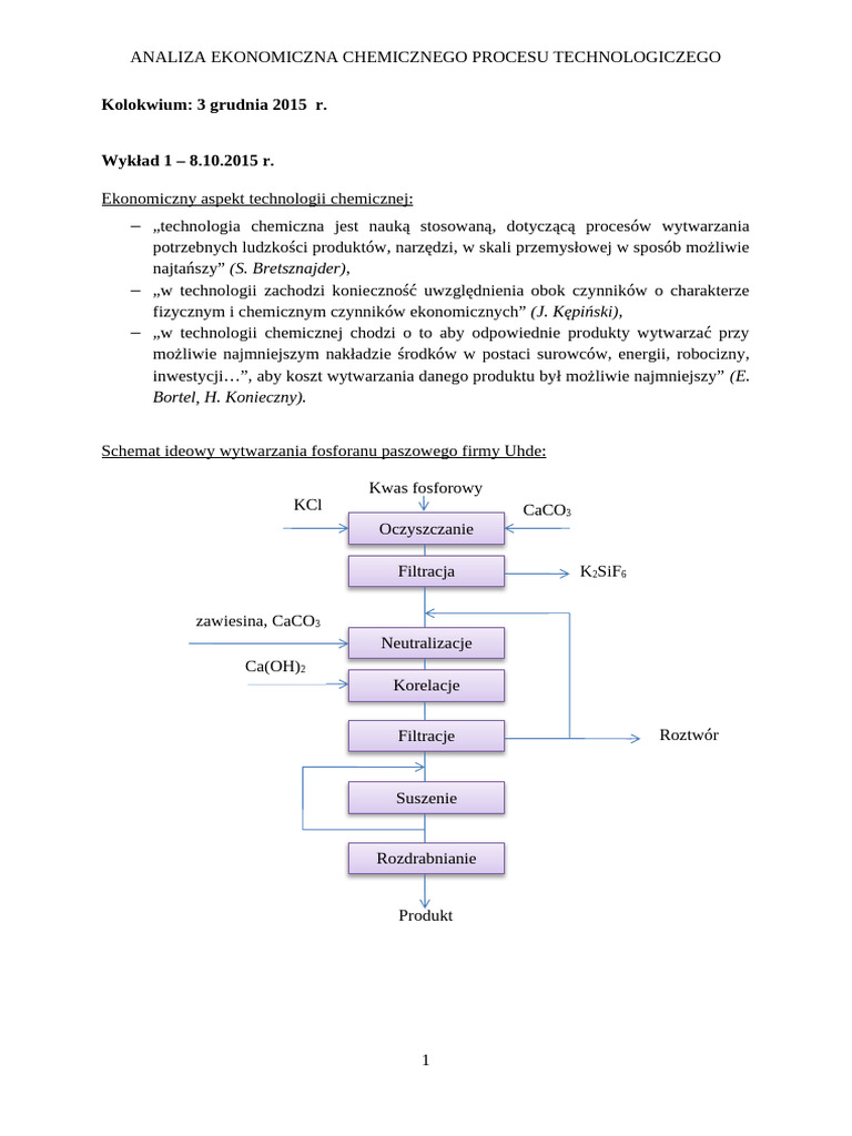Analiza Ekonomiczna Chemicznego Procesu Technologicznego 1 1 | PDF