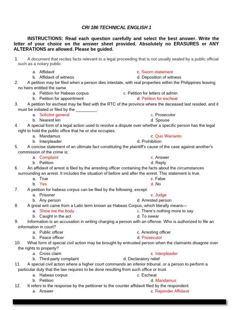 CRI 186 Technical English Exam Guide | PDF | Affidavit | Complaint