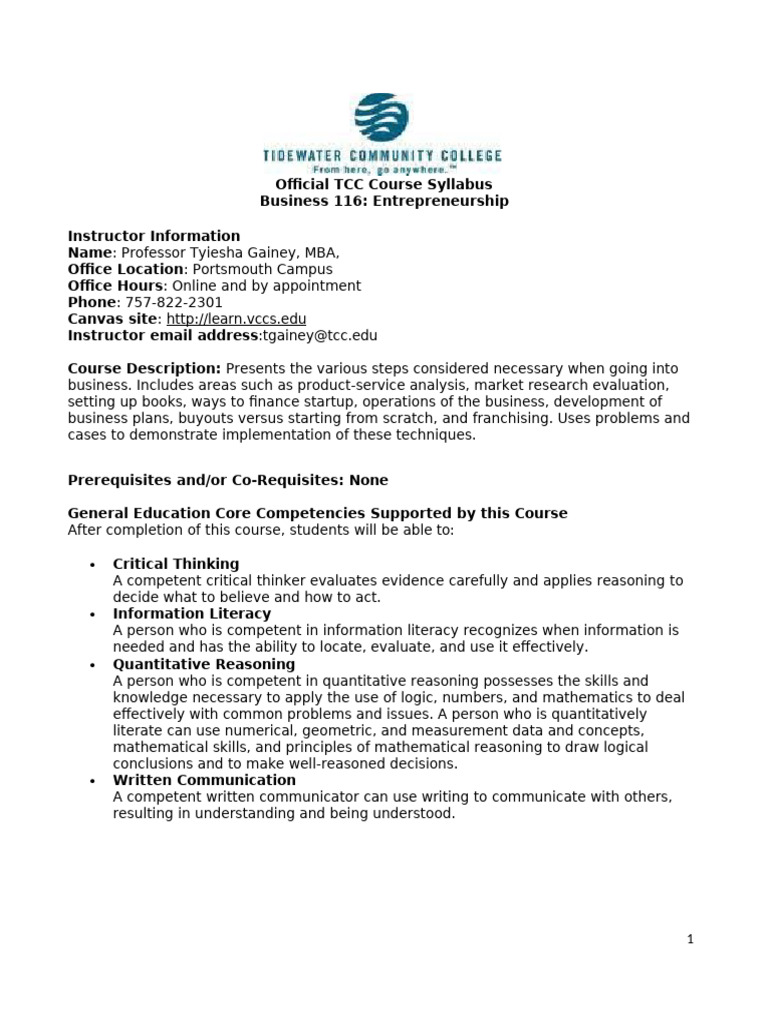 BUS116 Online Syllabus FA22 | PDF | Entrepreneurship | Critical Thinking