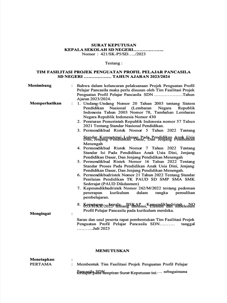 PDF SK Tim Fasilitasi Projek Profil Pelajar Pancasila p5 - Compress | PDF