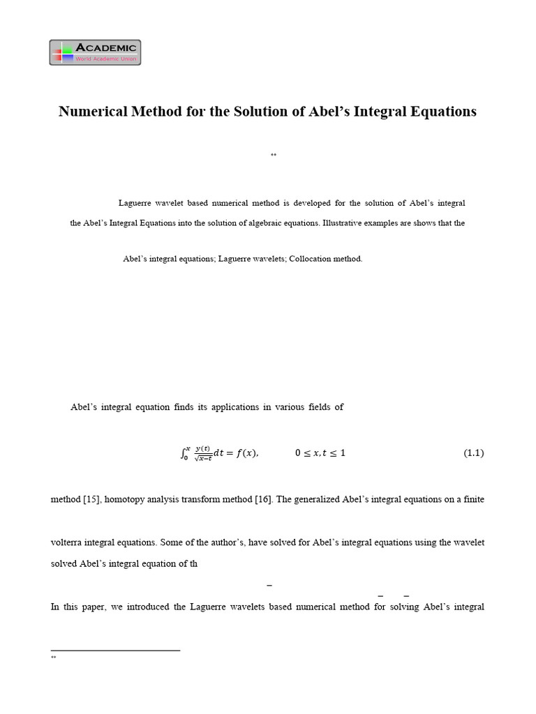 Numerical Solution Of Abel Integral Equaation Pdf Integral Equation