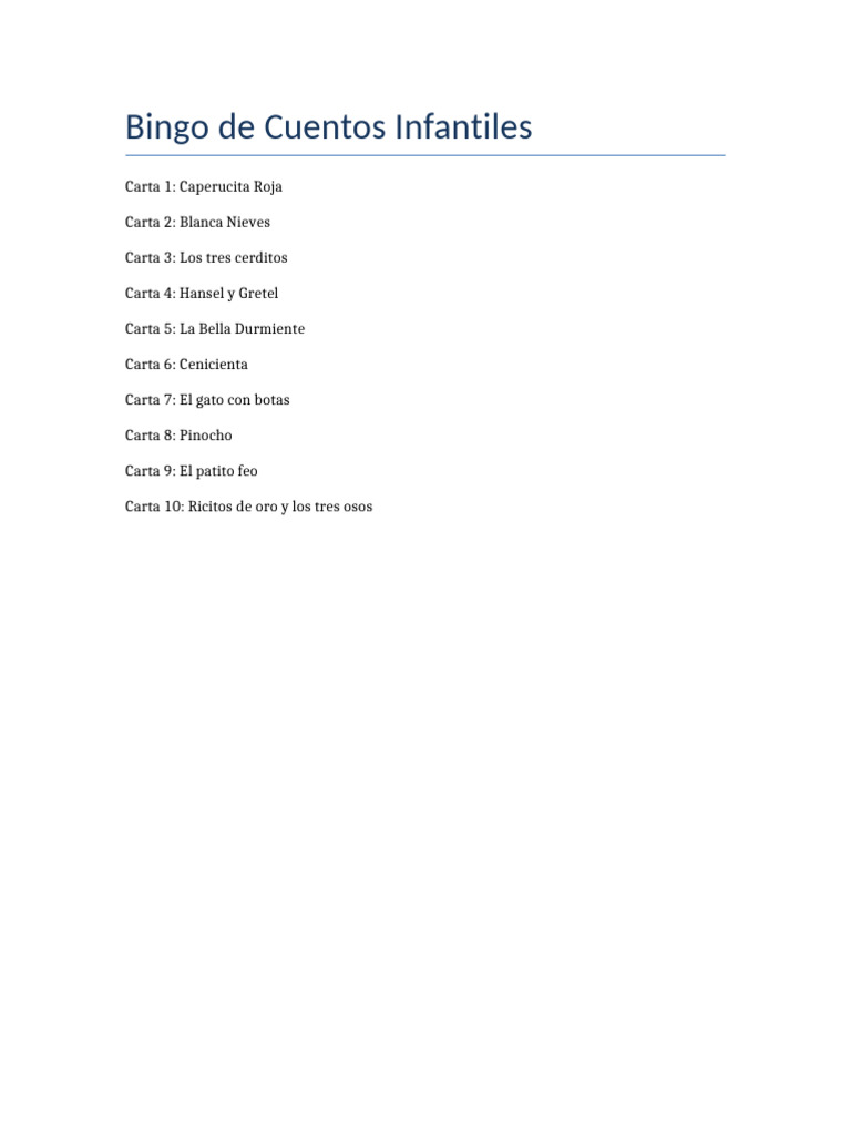 Bingo Cuentos Infantiles | PDF