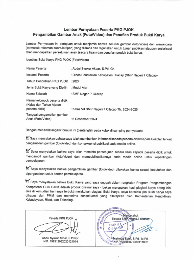 Lembar Pernyataan Peserta PKG PJOK | PDF