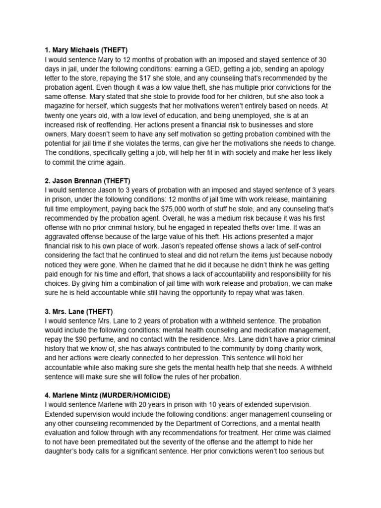 Sentencing Recommendations for Theft and Homicide | PDF | Probation ...