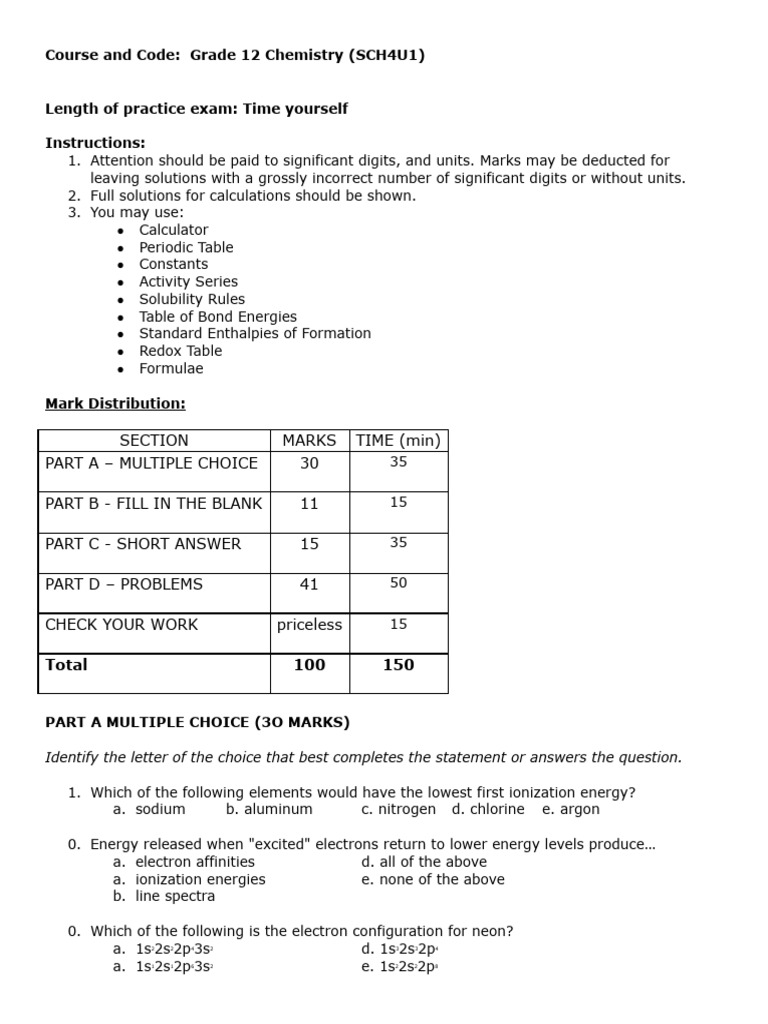 Grade 12 Chemistry Practice Exam Guide | PDF