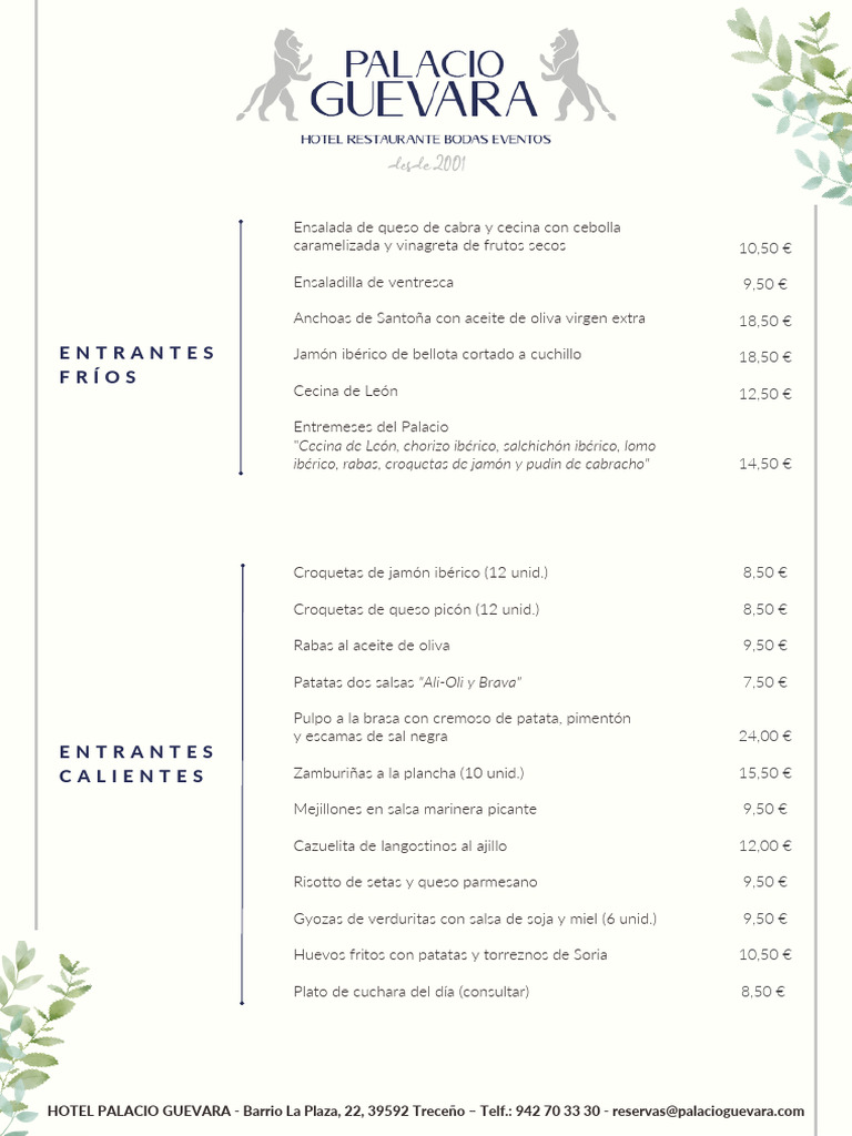 Menú del Restaurante Palacio Guevara | PDF | Alimentos | Cocina