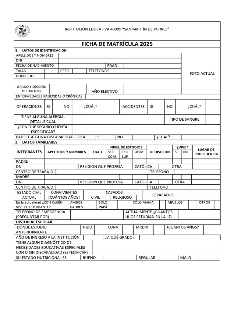 Ficha de Matricula 2025 | PDF | Documento de identidad