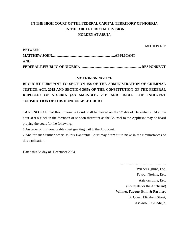 Bail Application and Affidavit | PDF | Bail | Arrest