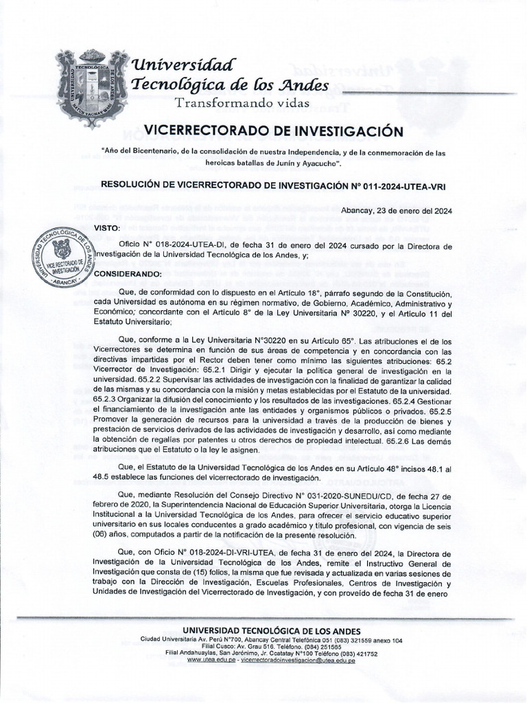 RESL. VRI #011-2024-UTEA-VRI - Instructivo General de Investigación | PDF